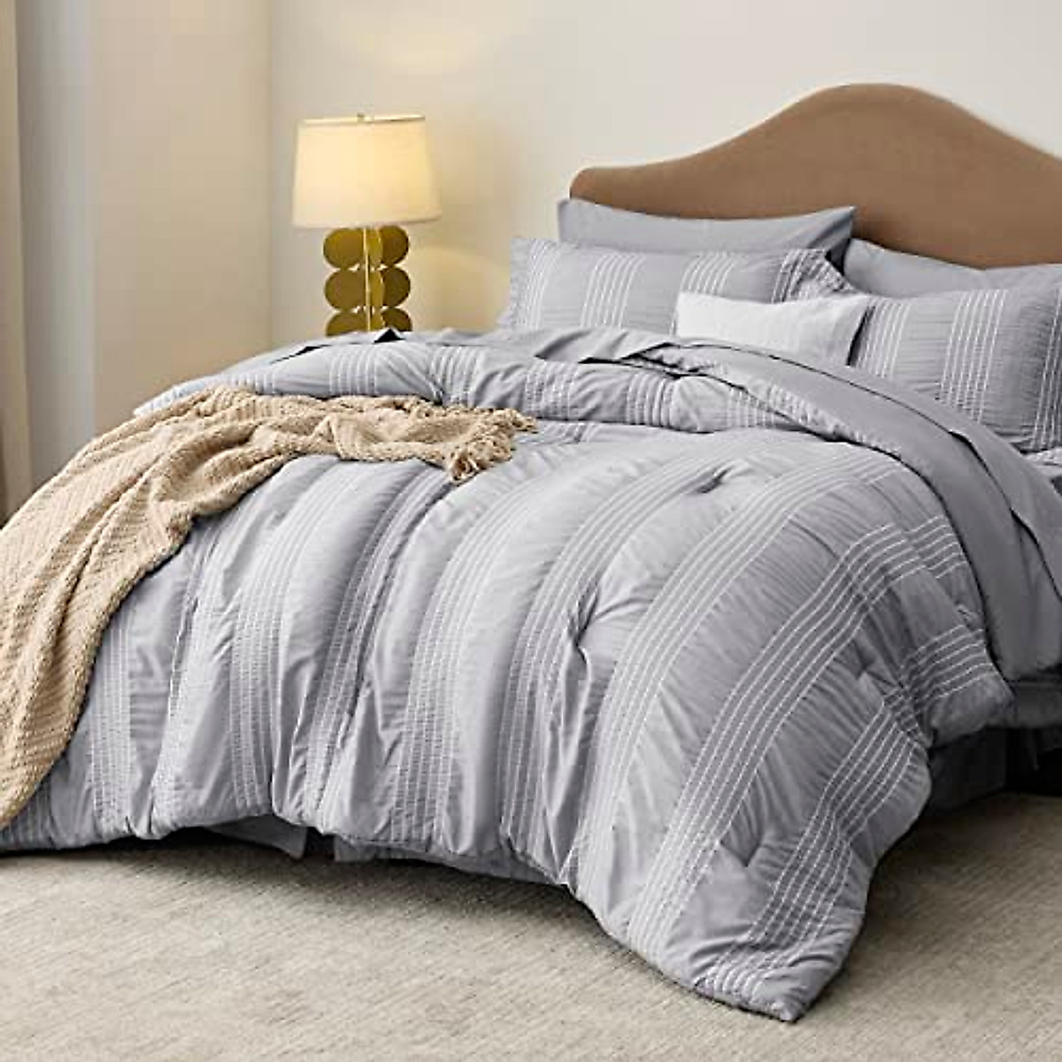 Bedsure Full/Queen Comforter Sets, 7 Pieces Bed in a Bag - Stripes Seersucker Bedding Set with Comforter, Flat Sheet, Fitted Sheet, Pillow Shams, Pillowcases