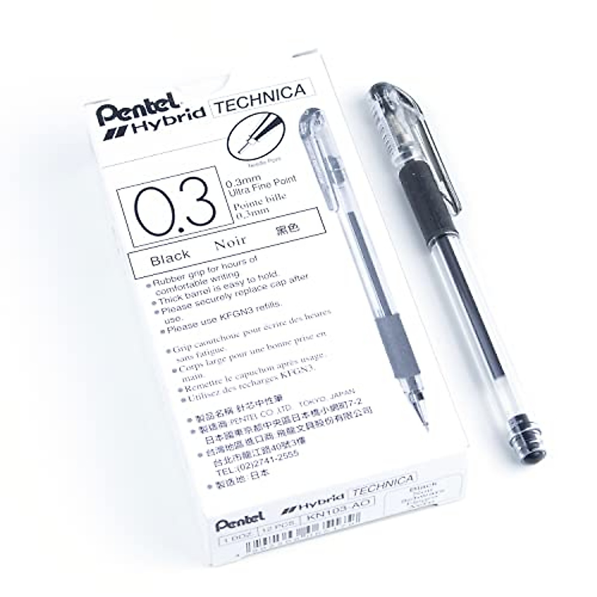 Pentel Arts Hybrid Technica 0.3 mm Pen, Ultra Fine Point, Black Ink, Box of 12 (KN103-A)