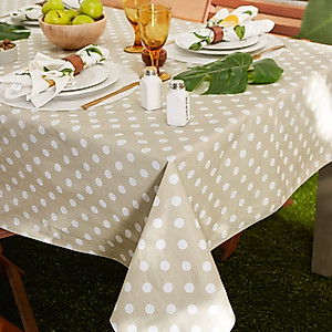 DII Vinyl Tabletop Collection Flannel Backed Polka Dot Tablecloth, Rectangle, 60x102, Natural