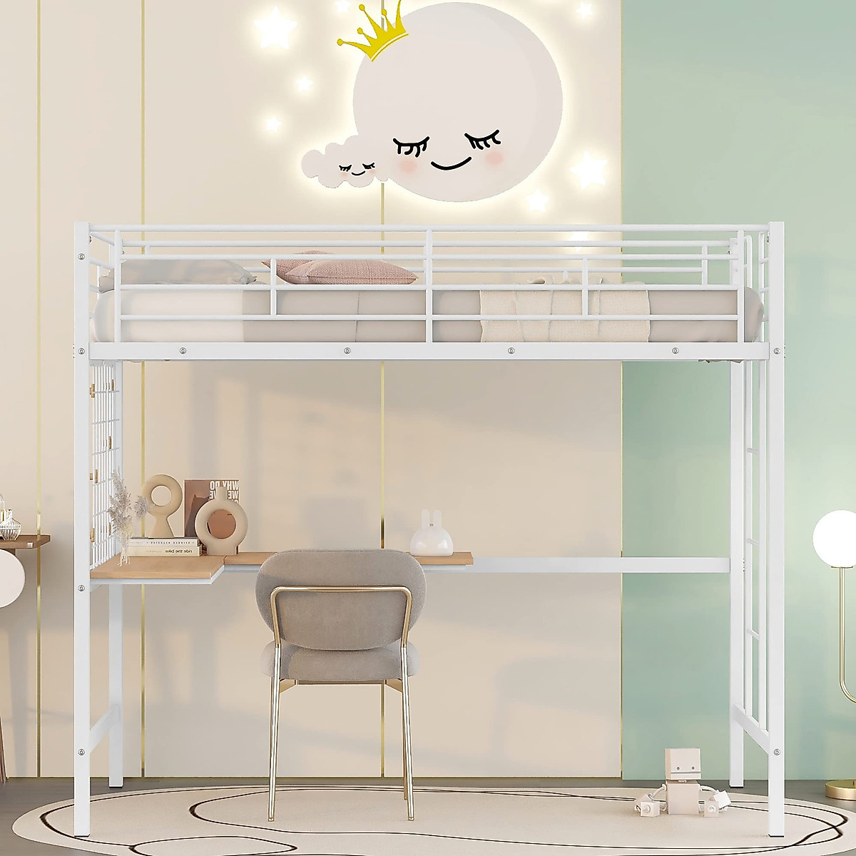 BIADNBZ Metal Twin Loft Bed with L Shaped Desk and Metal Grid, High Beframe for Juniors Adults w/Full-Length Guardrail & Ladders, Space-Saving, No Box Spring Needed, White