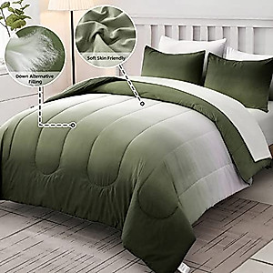 7 Pieces Gradient Olive Green Comforter Set Queen - Lightweight Green Bed in a Bag Queen Size Set, All Season Down Alternative Complete Bedding Set with Flat/Fitted Sheet, Pillowcases and Pillow Shams