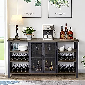 FATORRI Industrial Wine Bar Cabinet for Liquor and Glasses, Farmhouse Metal Sideboard & Wood Coffee/Buffet Cabinet with Wine Rack (55 Inch, Walnut Brown)