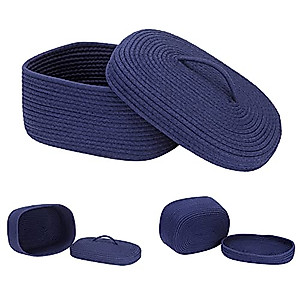 Sea Team Oval Cotton Rope Storage Basket with Lid, Lidded Woven Storage Bin, Nursery Storage Container, Diaper Caddy, Baby Shower Basket, Box, Organizer, 15 x 11 x 6.5 Inches (Medium, Navy Blue)