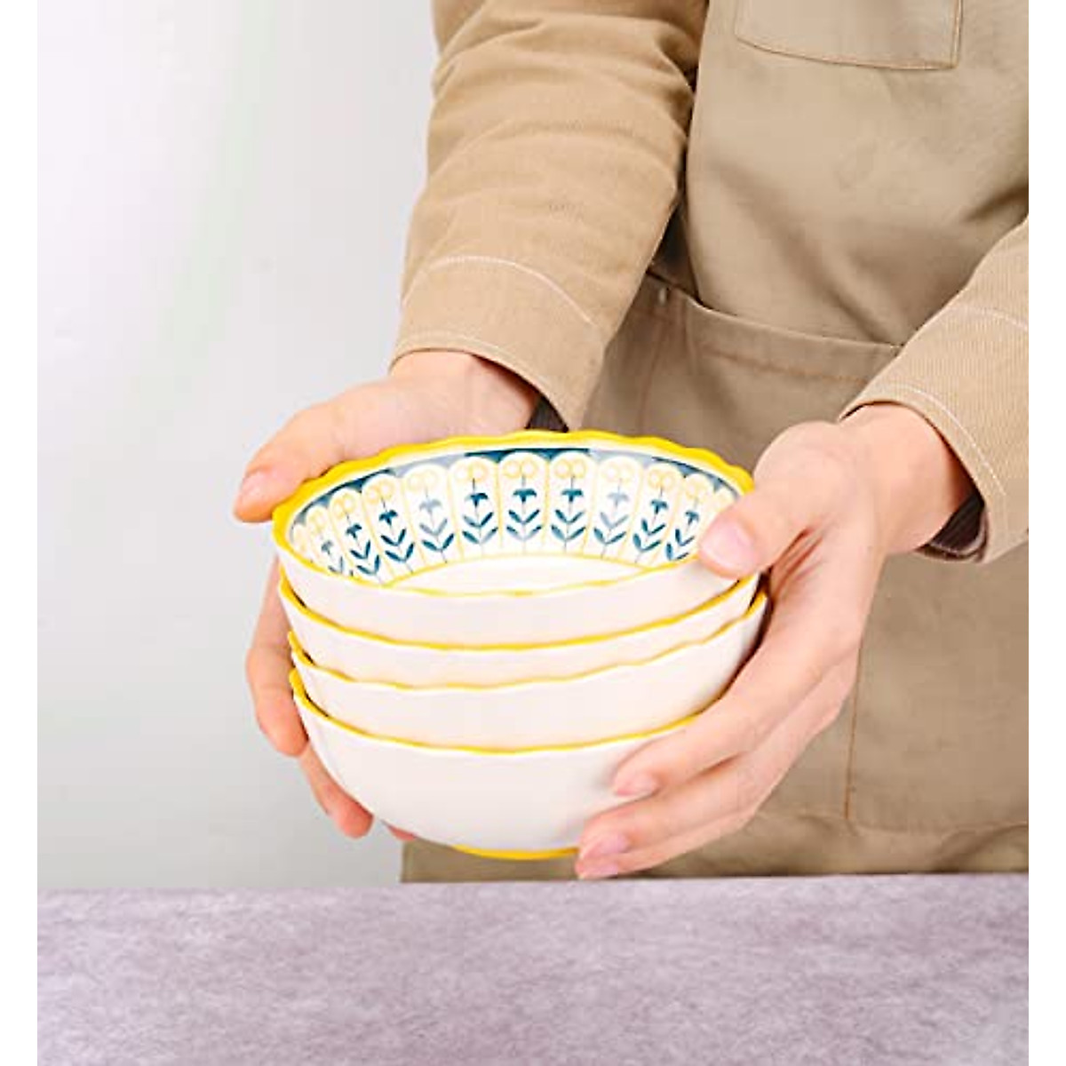 bozopion 22 oz Ceramic Soup Bowls,Set of 4,Wavy Rim Pattern Porcelain Bowls for Kitchen,White Blue and Yellow Cereal Bowls