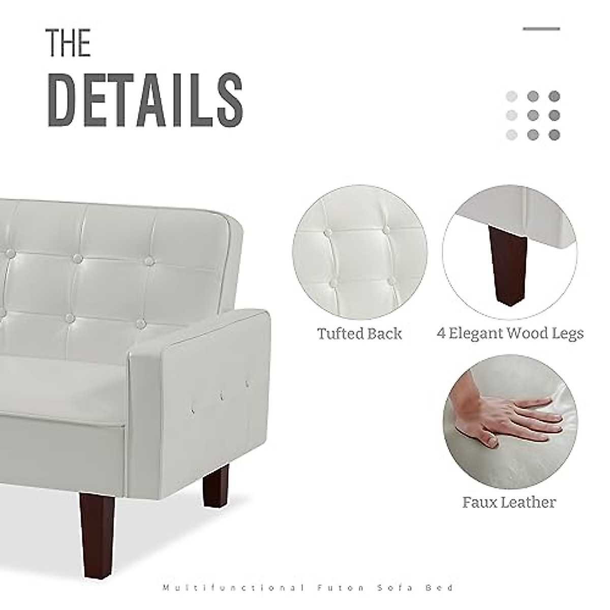 IULULU Futon Sofa Bed, Modern Convertible Faux Leather Sleeper Couch with Armrests for Studio, Office, Apartment, Compact Living, Game Room, Overnight Guests, White