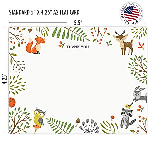 Woodland Animals Baby Shower Thank You Cards. Set of 25 5.5” x 4.25” Flat Note Cards and A2 White Envelopes. Printed on Heavy Card Stock.