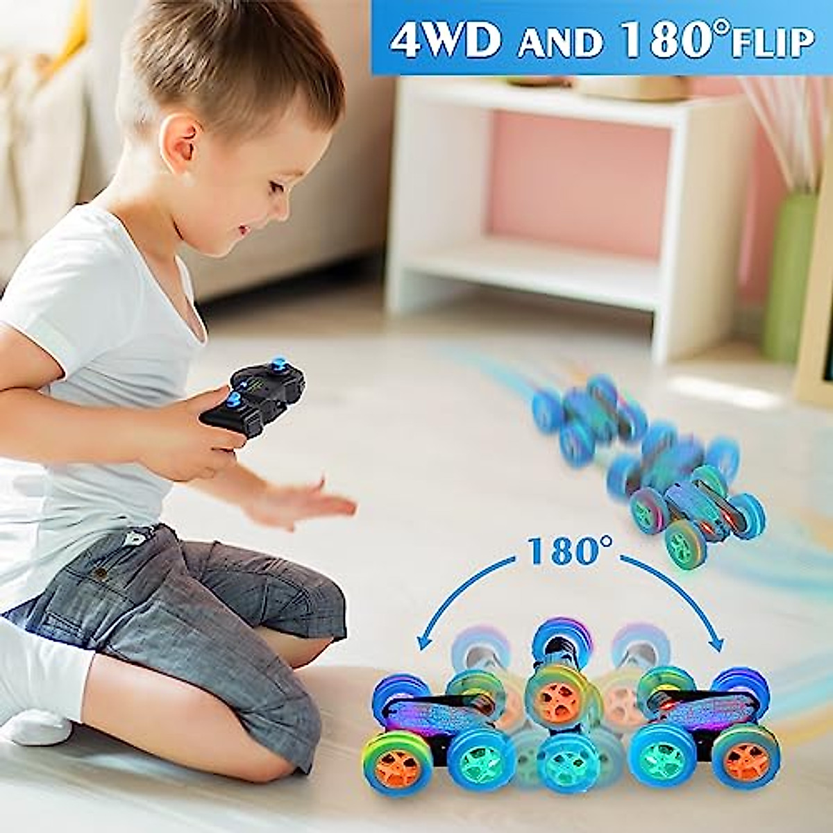 FAFUGANIA Remote Control Car, 360° Rotating RC cars with Wheel Light and Body crack light, Fast and Flips 4WD Double-Sided RC Stunt Cars For 6-12 years old Kids Xmas Toy Cars Gift for Boys Girls(Blue)