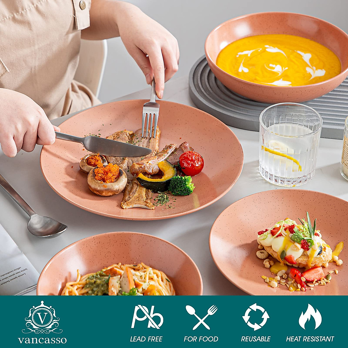 vancasso Sabine Dinnerware Sets, 16 Pieces Stoneware Round Plates and Bowls Set, Semi-matte Dishes Set Service for 4, Dishwasher and Microwave Safe, Terracotta