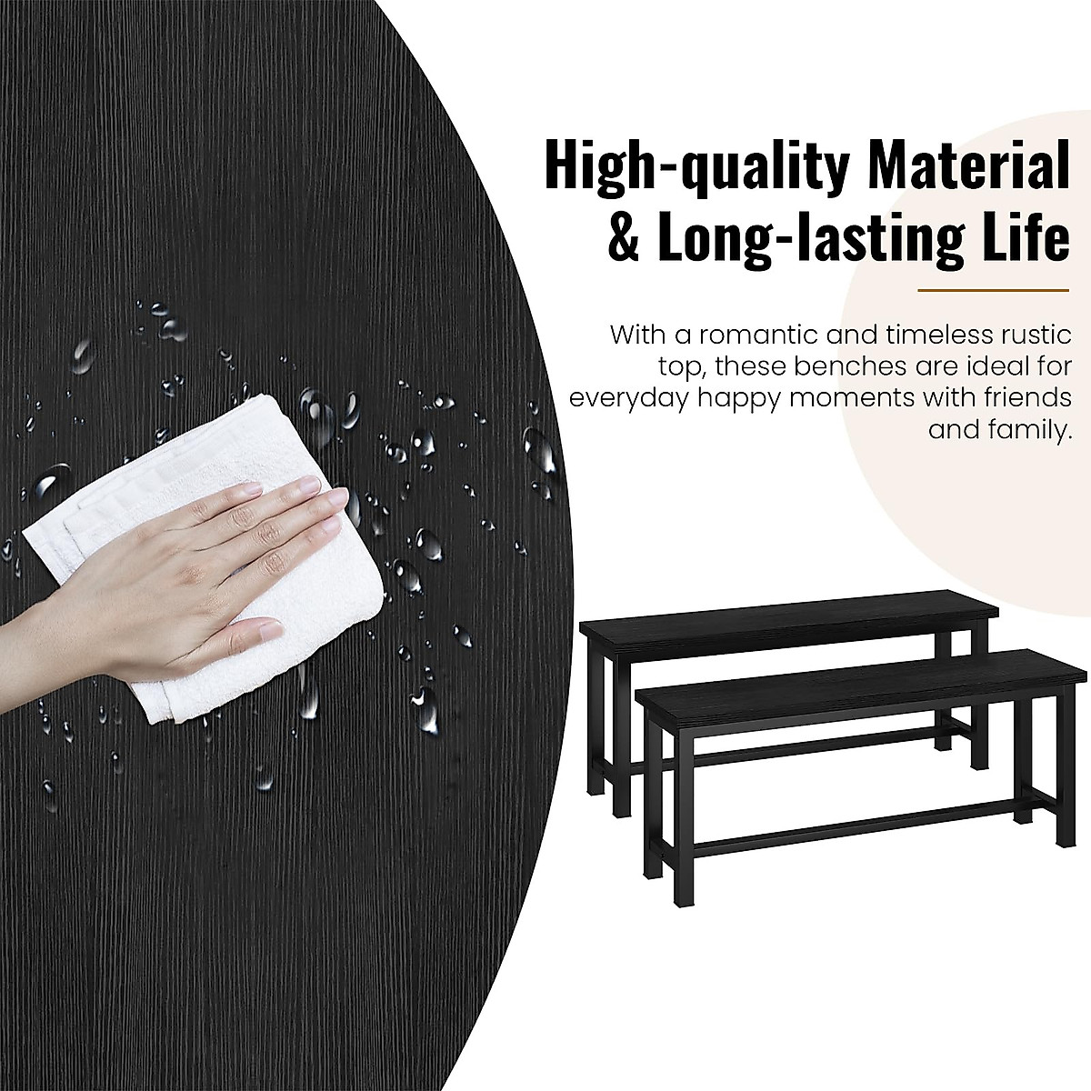 Recaceik Dining Benches, 39 Inch Table Benches, Pair of 2 Benches for Dining Room, Kitchen, Entryway, Bedroom, Industrial Small Bench Kitchen Bench with Metal Legs, Easy to Assemble, Black