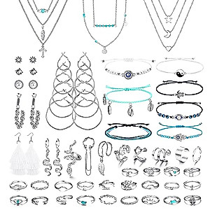 ORAZIO 52 Pcs Jewelry Sets for Women Layered Necklace Adjustable Braided Bracelets Set Dangle Stud Hoop Earrings CZ Stackable Knuckle Ring Set Fashion Ear Cuff Set Silver Gold Women's Jewelry Sets(Silver)