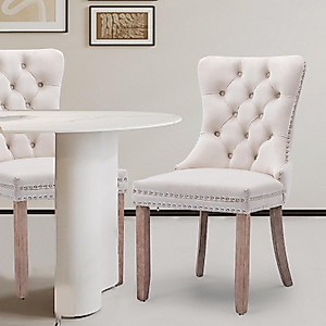 SoarTalent Velvet Upholstered Dining Chairs Set of 6, Modern Style Kitchen Side Chairs with Nailhead Trim and Wood Legs,Metal Pulling Ring for Dining Room Living Room(Beige,Set of 6)