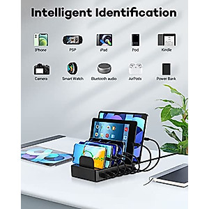 Charging Station for Multiple Devices, ALFUEL 50W 6 Port USB Charging Station Dock with 6 Charging Cables, Charger Station Organizer for iPhone, Android, Tablets, Kindle, Smart Watch - Black