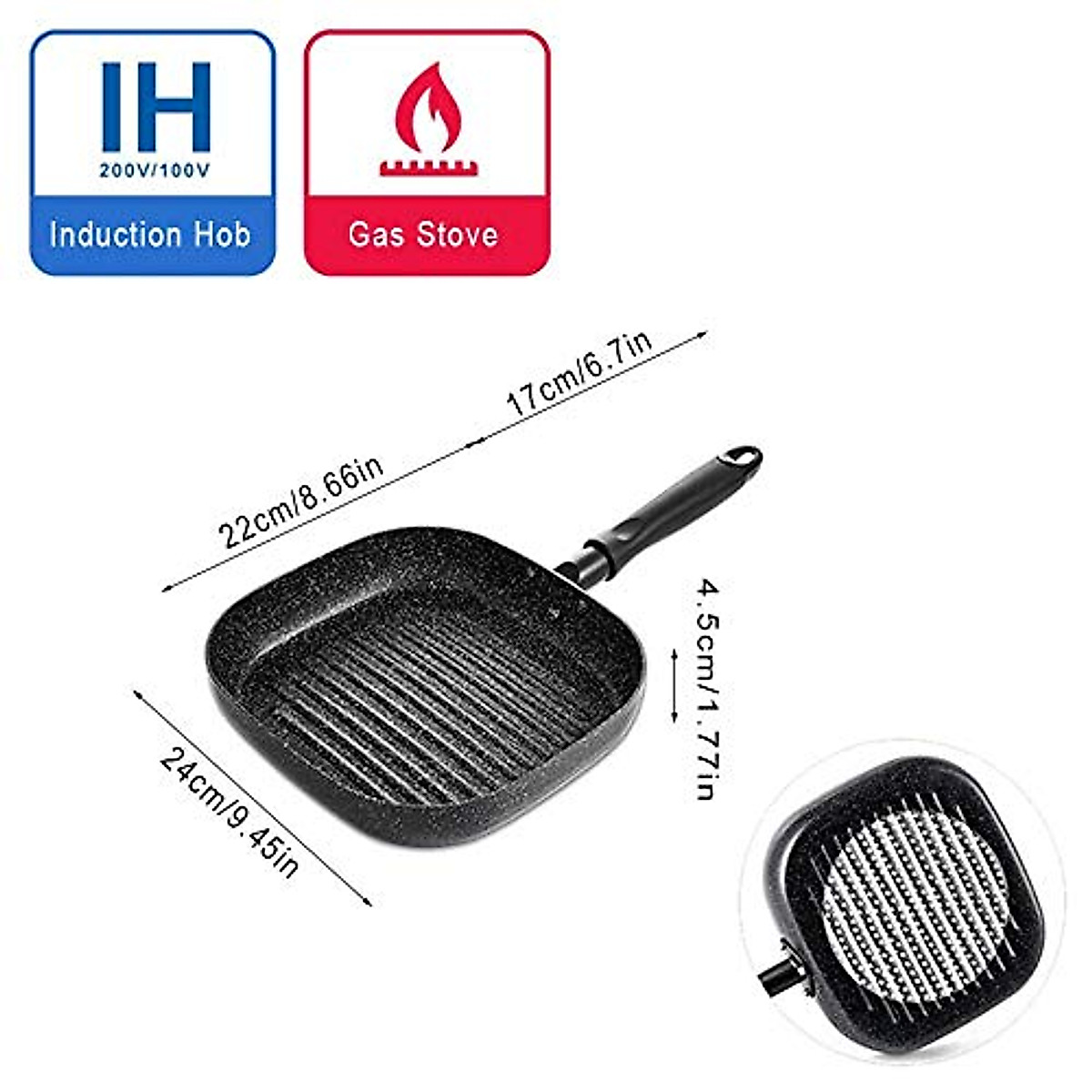 9in Aluminum Non-Stick Square Grill Pan Steak Fry Pans Multi-Function Snowflake Striped Frying Pan