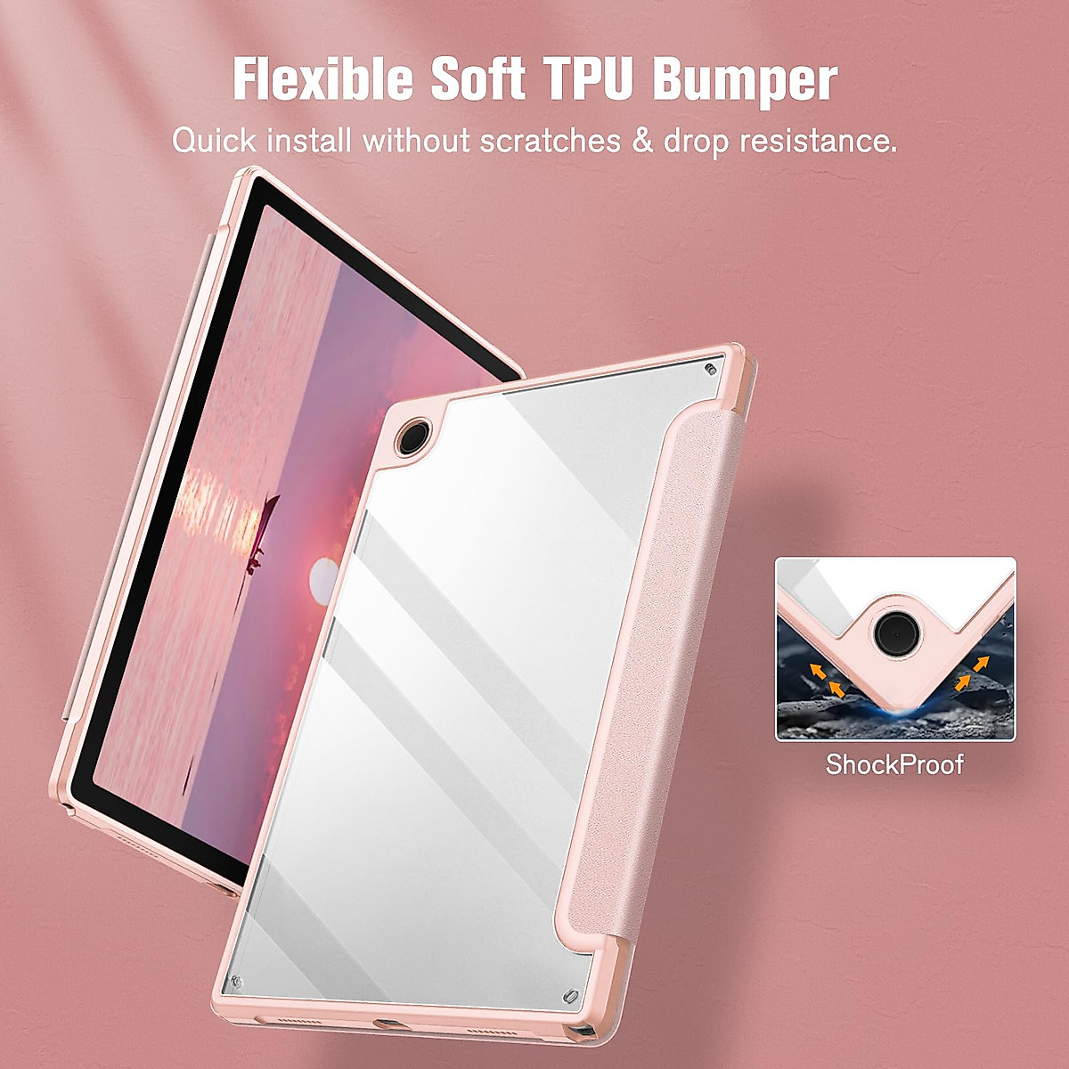 Fintie Hybrid Slim Case for Samsung Galaxy Tab A8 10.5 Inch 2022 Model (SM-X200/X205/X207), Shockproof Cover with Clear Transparent Back Shell, Auto Wake/Sleep, Rose Gold