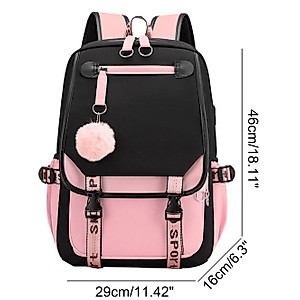 JiaYou Teenage Girls' Backpack Middle School Students Bookbag Outdoor Daypack with USB Charge Port (21 Liters, Black Pink)