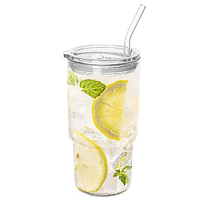 Dingerjar Glass Tumbler with Lid and Straw, Borosilicate Glass Iced Coffee Cup Smoothie Cups 24 oz/750ml for Hot or Cold Drinks
