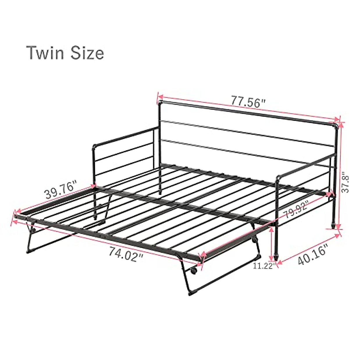 FULLJOJOR Daybed with Pop Up Trundle, Metal Daybed with Trundle & Pull-Out Trundle Set with Lockable Casters, Twin Platform Bed Sofa Bed for Living Room, Guest Room, No Box Spring Needed
