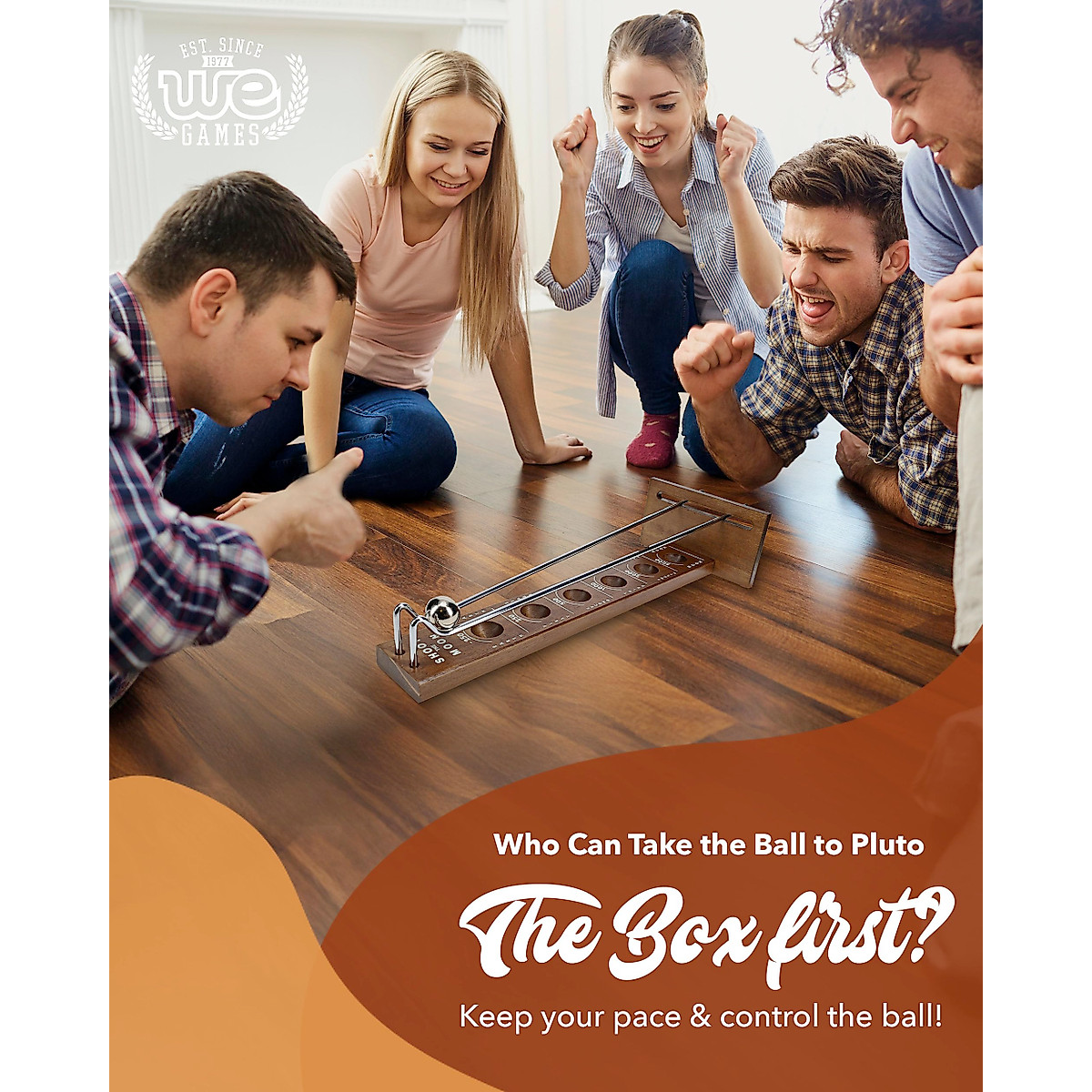 WE Games Shoot The Moon Game, Large 18 inches, Walnut Stained Solid Wood Board with Metal Ball and Rods, Retro Balancing Game for Family and Bar