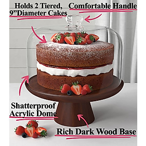 Wood Cake Stand with Dome - 11.5"D Wooden Cake Stand with Acrylic Shatterproof Dome - Cake Display Stand with Cover - Covered Cake Stand with Lid - Pastry Stand with Dome - Large Cake Stand with Cover