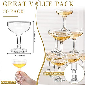 Set of 50 Champagne Glasses 5 oz Unbreakable Plastic Martini Glasses Disposable Wine Cups Stackable Stemmed Champagne Coupe Shatterproof Party Stem Cups for Wedding Birthday Home Bar Margarita