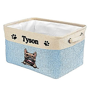 MALIHONG Personalized Foldable Storage Basket with Lovely Dog French Bulldog Collapsible Sturdy Fabric Pet Toys Storage Bin Cube with Handles for Organizing Shelf Home Closet, Blue amd White