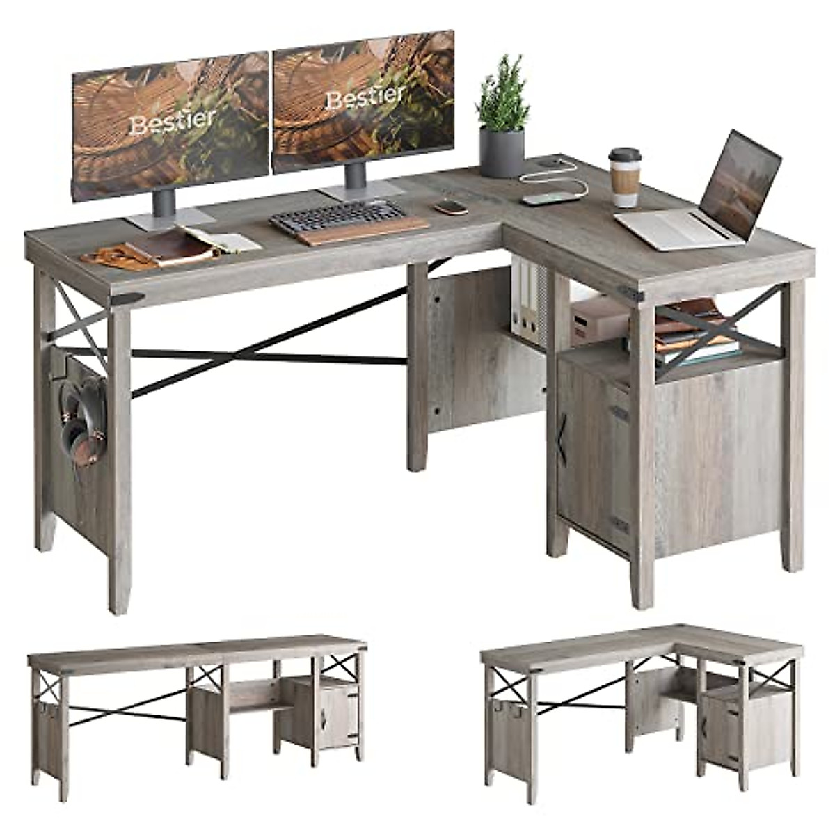 Bestier L-Shaped Home Office Computer Desk with Storage Cabinet & Bookshelf, Farmhouse Office Table for Writing Study, 60 x 42 Inch Convertible Corner Workstation Table with Shelves, Gray