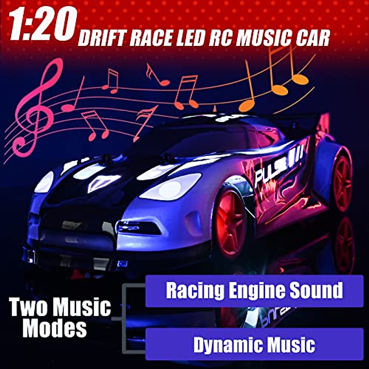 unanscre Light Up Remote Control Car for Kids, LED RC Cars with Music, 1/20 Cool Shell Race Drift Car Toys for Toddlers Boys Girls Age 6+