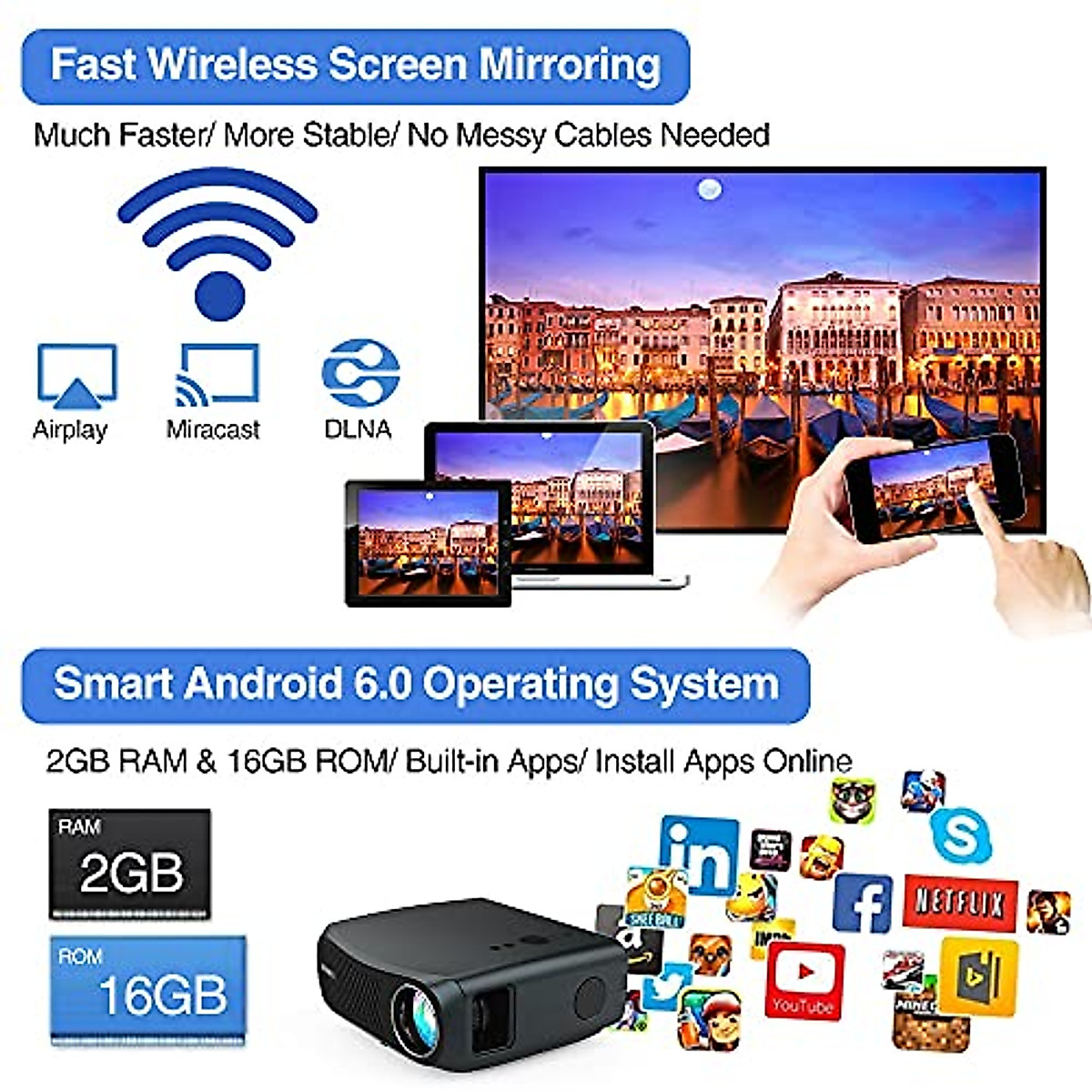 True 1080P 4K Android Projector WiFi 5G/2.4G, 8000Lumens FHD 1080P Bluetooth Projectors with Apps 10000:1 High Contrast Home Theater Smart TV Projector Airplay Wireless Sync HDMI Support