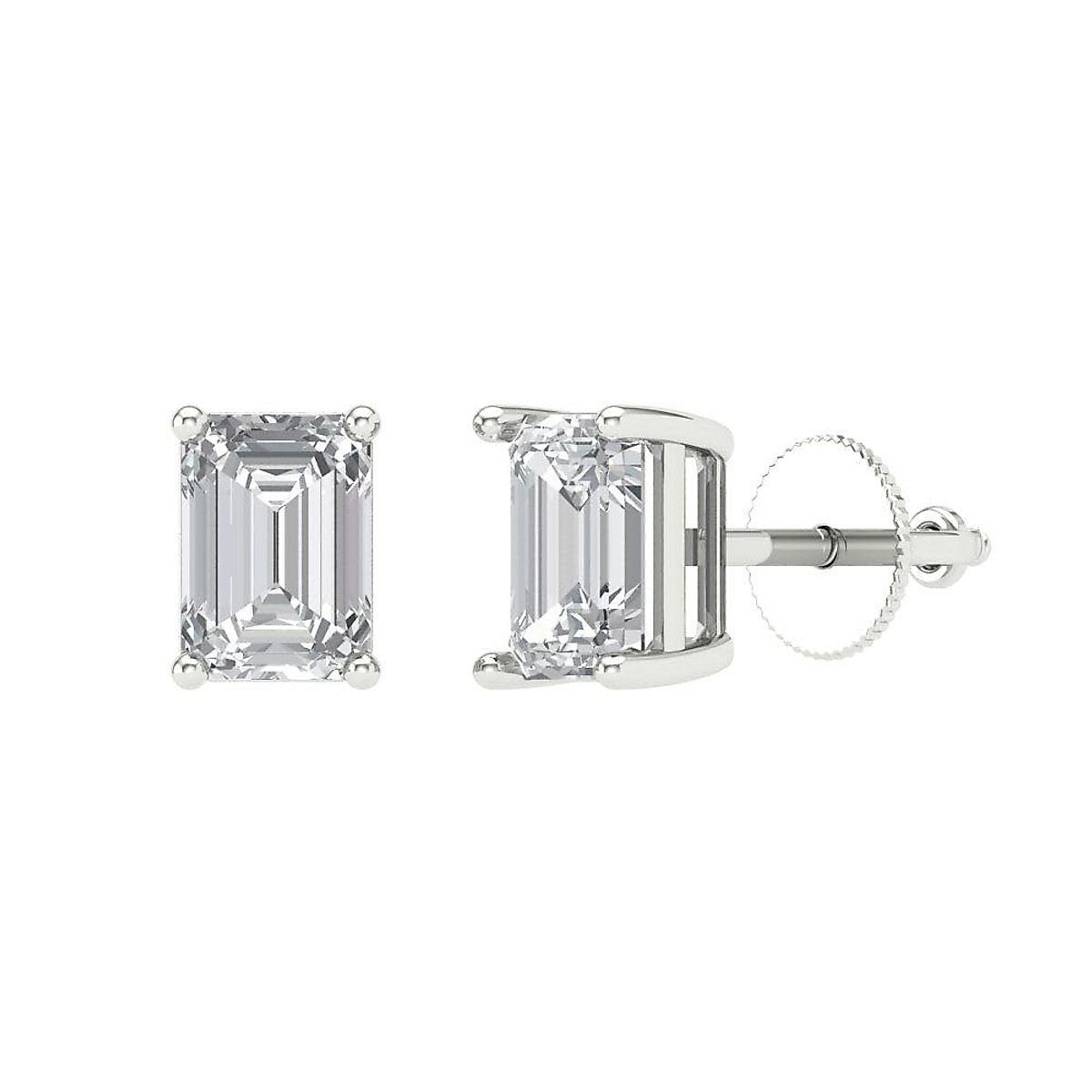 Clara Pucci 2 ct Brilliant Emerald Cut Solitaire Studs Clear Simulated Diamond 14k White Solid Gold Earrings Screw back