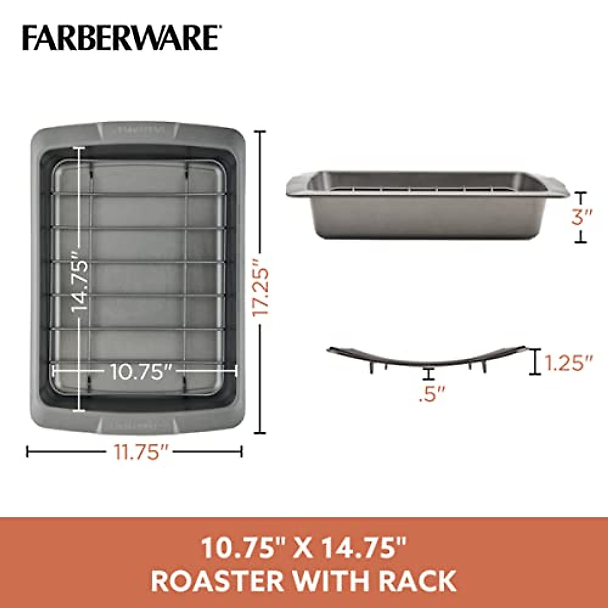Farberware Bakeware Nonstick Roasting Pan/Roaster with U-Rack, 14.75 Inch x 10.75 Inch - Gray