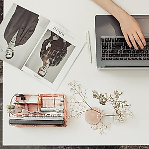 Rose Gold Desk Organizer for Women Cute Home Office Accessories & Supplies Decor, Girly Desktop Stationary Essentials Organization Set, Mesh Caddy Storage 5 Compartments +1 Mini Sliding Drawer