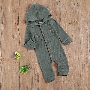 Kuriozud Newborn Unisex Baby Boy Girl Hoodie Romper Solid Long Sleeve One Piece Hooded Jumpsuit Waffle Outfit (Grey, 3-6 Months)