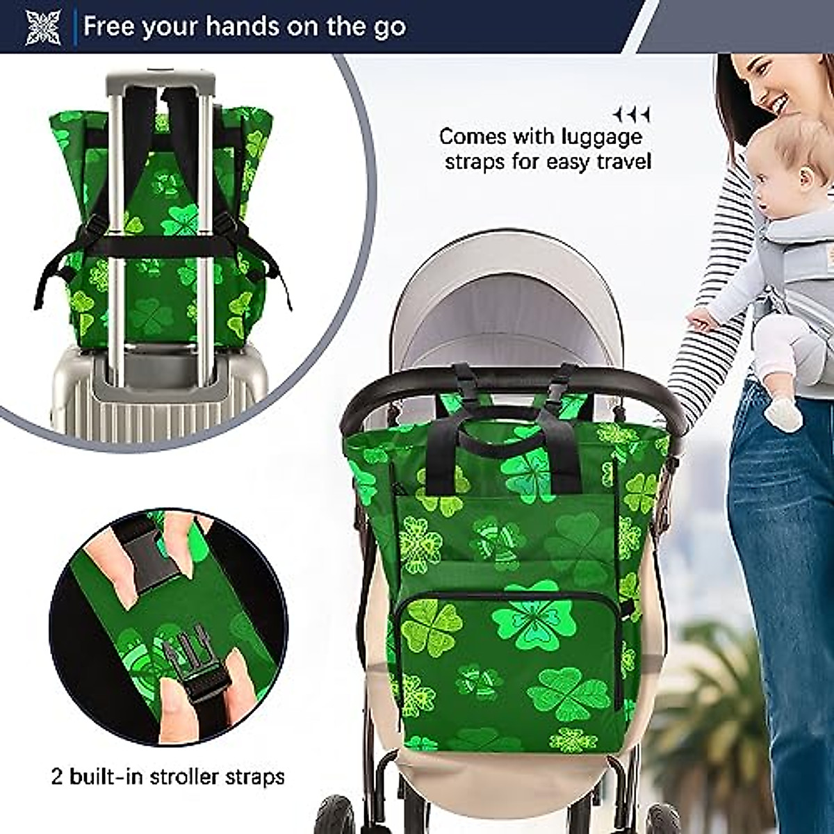 St Patrick's Day Clover Leaves Diaper Bag Backpack for Baby Boys Girls Baby Essentials Travel Tote with Stroller Straps & Bottle Storage Large Travel Diaper Backpack for Shopping Hiking Traveling