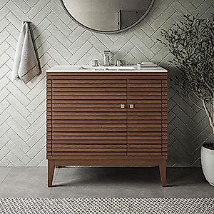 Modway Ledger Wood Bathroom Vanity Cabinet, 36 Inch, Walnut White