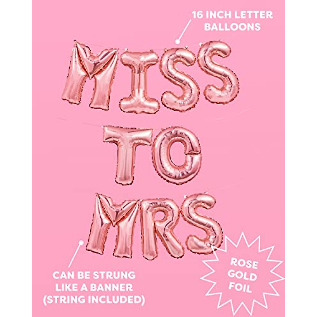 xo, Fetti Bachelorette Party Decorations - Miss to Mrs Balloon Kit - Rose Gold - 16" MISS TO MRS Foil Balloons + 10 Rose Gold Latex Balloons - Bridal Shower