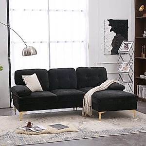 POULEII Sectional Sofa,Modern L-Shape Modular Sectional Sofa Sleeper Couch with Chenille Fabric and Gold-Plated Feet for Living Room, Apartment, Office,Black