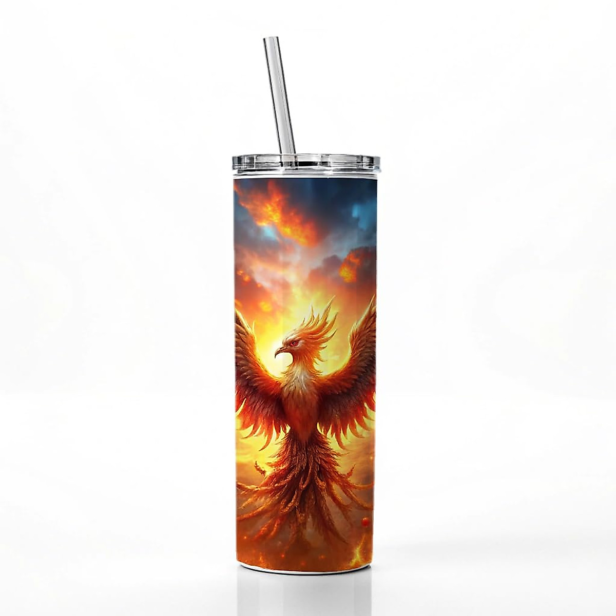 Flaming Phoenix Rising From Ashes Fantasy Bird Skinny Tumbler 20oz with Straw Insulated Water Bottle Gift