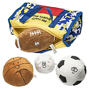 PREXTEX My First Sports Bag Playset with Stuffed Plush Basketball, Baseball, Soccer Ball and Football Great Gift Toy for Baby and Kid