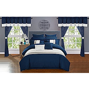 Chic Home Vixen 24 Piece Comforter Set Color Block Quilted Embroidered Complete Bag Sheets Bed Skirt Decorative Pillows Shams Window Treatments Curtains Included, Queen, Navy
