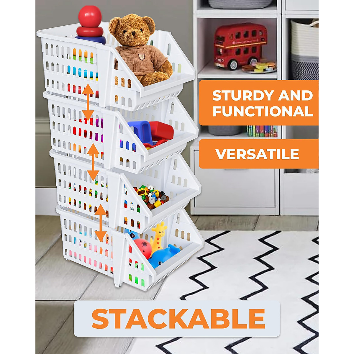 Skywin Plastic Stackable Storage Bins for Pantry - 4-Pack Small Open Front Storage Bins For Toy Organizers and Storage Bins For Pantry, Kitchen, and Bathroom Essentials (White)