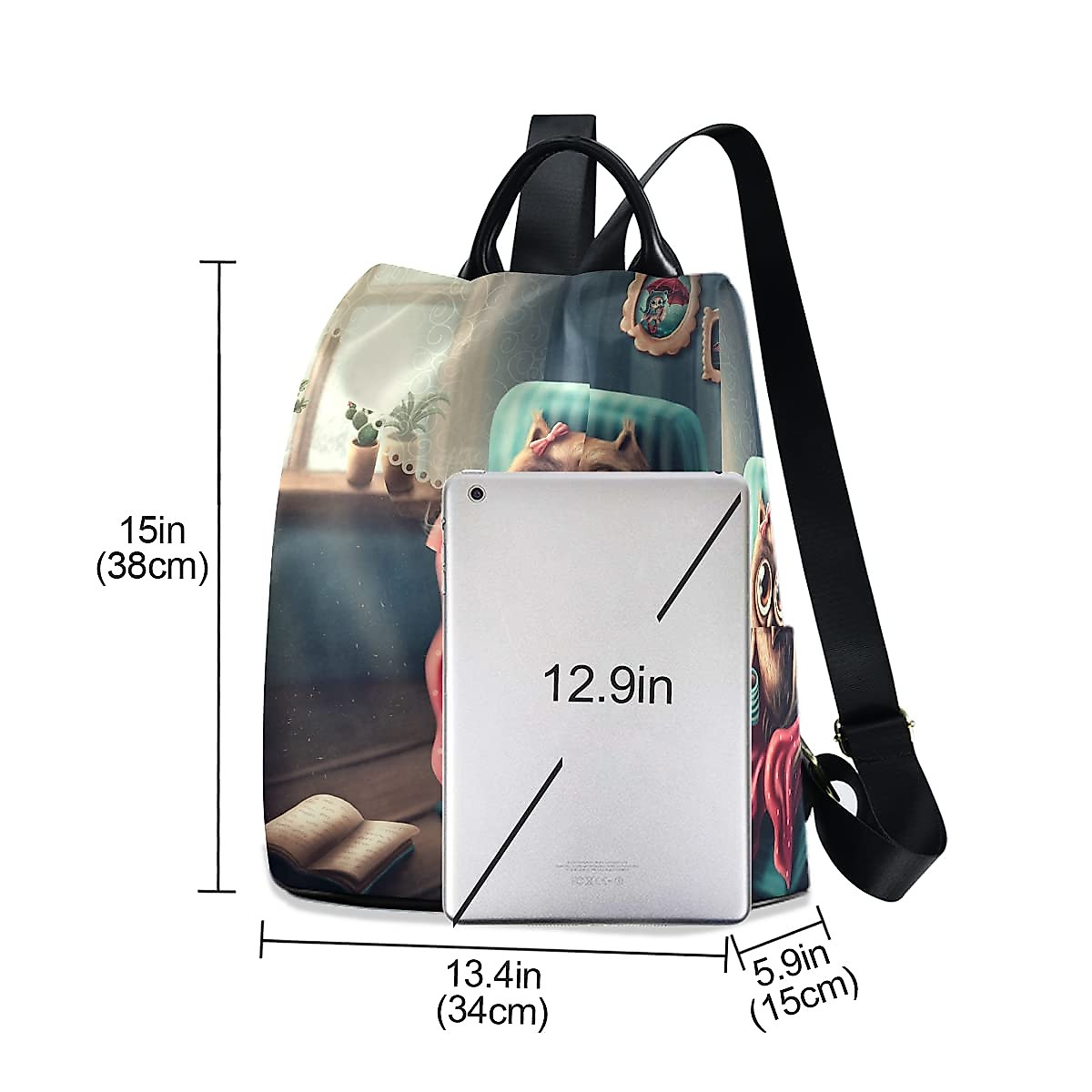 ALAZA Owl Sitting the Chair and Drinking Coffee Backpack with Keychain for Woman Ladies