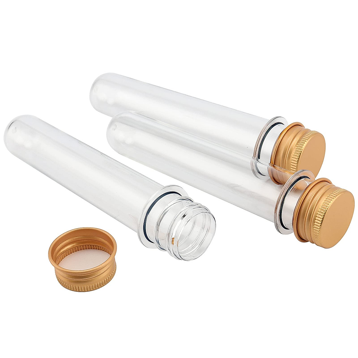 SEUNMUK 60 PCS 40ml Clear Plastic Test Tubes with Gold Caps, 140 x 25 mm Clear Bath Salt Tubes, Test Tubes for Plants, Scientific Experiments, Candy Storage, Powders, Spices