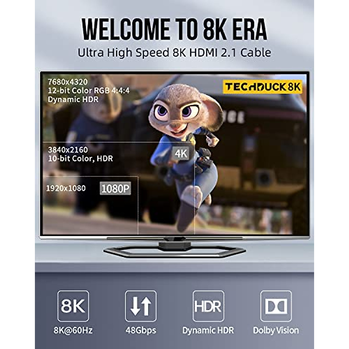 8K HDMI 2.1 Cable 3ft, TechDuck Premium Braided 28AWG High Speed 8K@60Hz 4K@120Hz/144Hz 48Gbp HDMI Cord, Dynamic HDR eARC/ARC Dolby, Certified UHD HDMI to HDMI Cable for Gaming/Monitor/Ultra HD TV