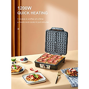 Belgian Waffle Maker 4 Slices, 1200W Waffle Iron, Anti-Overflow Waffle Iron with Browning Knob, Nonstick Plates, Indicator Lights, Silver/Black
