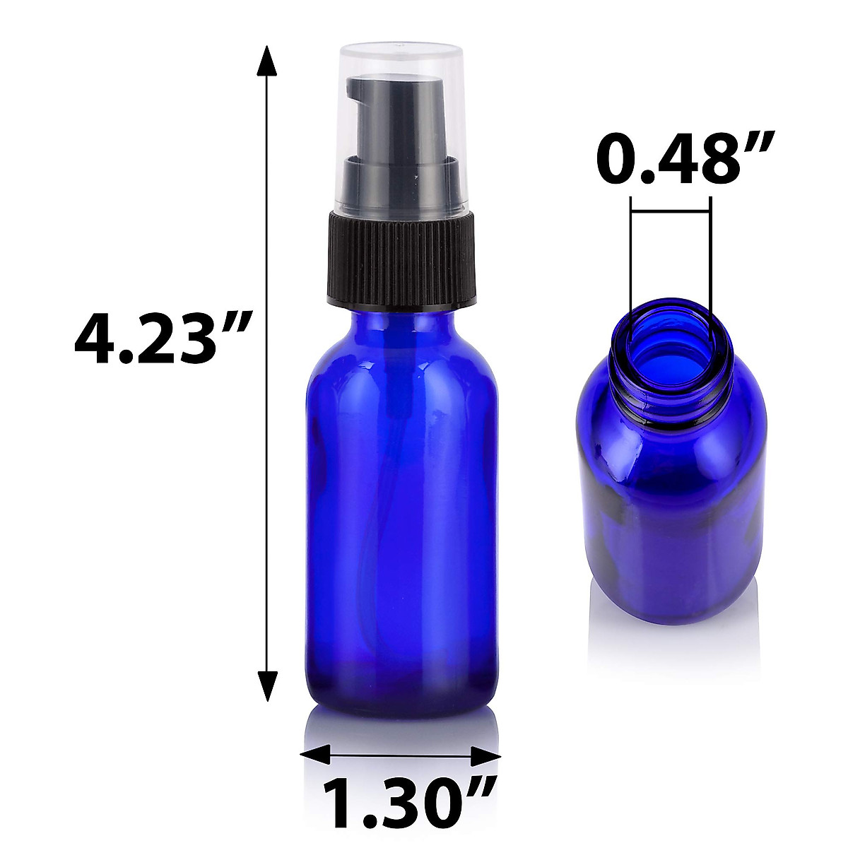 JUVITUS 1 oz Cobalt Blue Glass Boston Round Bottle with Black Treatment Pump (12 pack) + Funnel