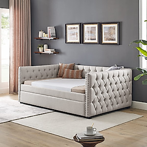 DNYN Upholstered Full Size Daybed with Trundle, Extendable Bedframe w/Put Out Bed Design & Button & Copper Nail,No Box Spring Needed,for Small Space, Beige