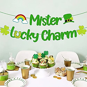 Mister Lucky Charm Banner St. Patrick Day Decoration for Boys Glitter Green Three Leaf Clover Shamrock Garland for Irish Day Party Decor Lucky Themed Men Boys Birthday Baby Shower Party Anniversary Celebration Supplies