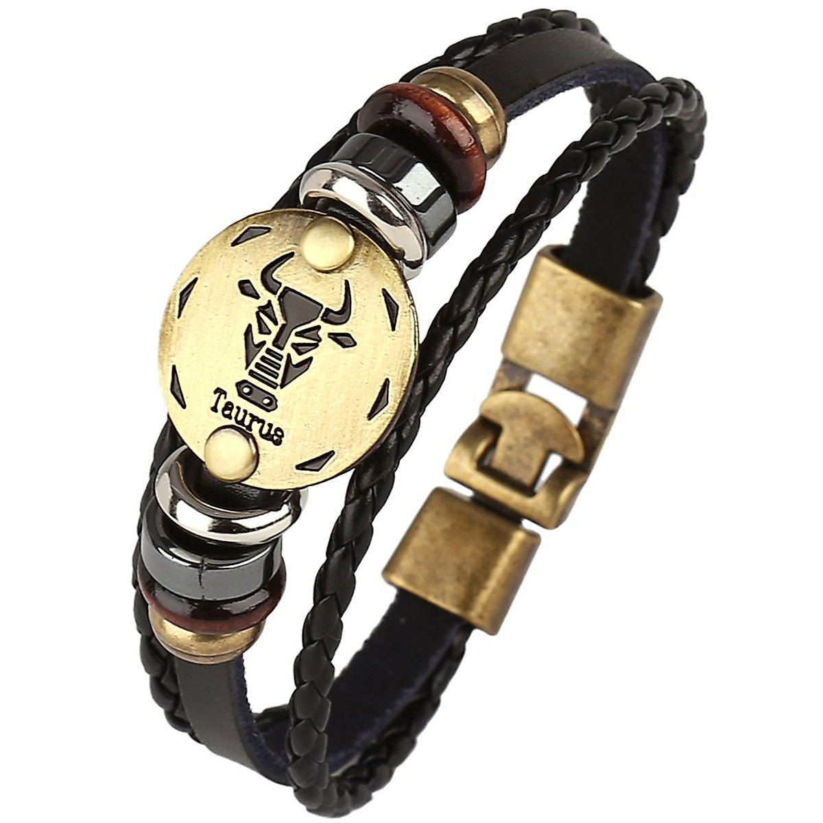 Hamoery Punk Alloy Leather Bracelet Constellation Braided Rope Bracelet Bangle Wristband(Taurus)