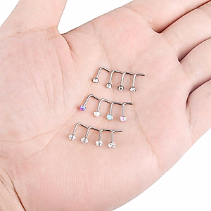 Cisyozi 22G Nose Rings Studs for Women Men Stainless Surgical Steel Silver L Shaped Bent Nose Nostril Rings Stud Set Piercing Jewelry for Women Men 1.5mm Diamond CZ Opal