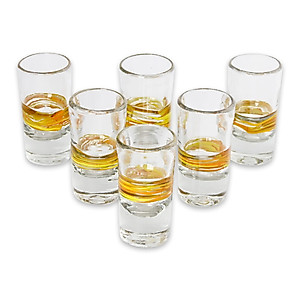 NOVICA Artisan Crafted Yellow Spiral Clear Recycled Tequila Shot Glasses, 2 Oz. 'Ribbon Of Sunshine' (Set Of 6)